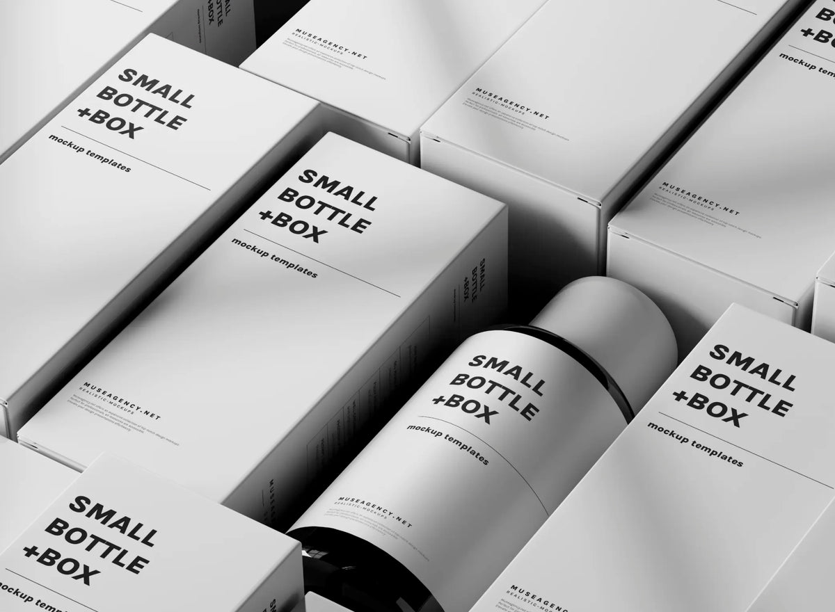 Flat Lay Small Bottle + Packaging Mockup – Muse Agency